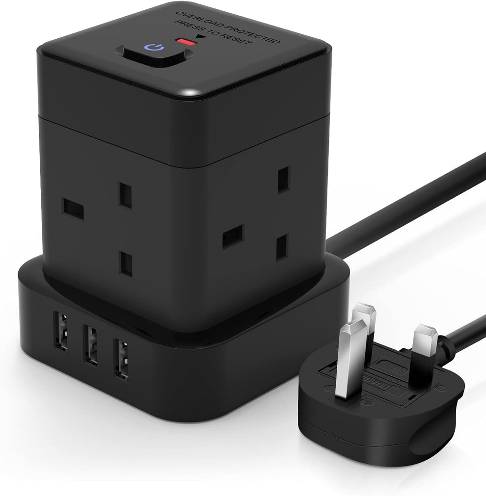 5M 4Gang Cube Extension Lead with 3 USB-A Ports, Overload Protect ...